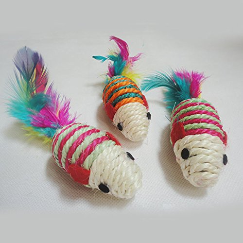 3 Piece Pack Colorful Little Sisal Rope Mouse Rat With Feather Tails ...