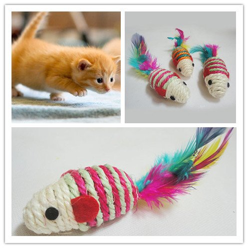 3 Piece Pack Colorful Little Sisal Rope Mouse Rat With Feather Tails ...